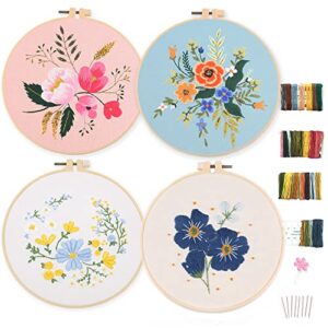 myfelicity 4 sets of embroidery starter kits, adult women’s hobbies, including cloth with floral patterns, colored threads, needles, hoops and instructions