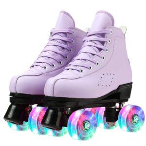 women's roller skates light up wheels, adjustable double row roller skates outdoor shiny derby skates illuminating for teens and youth (purple flash,9.5)