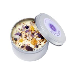 crown chakra candle by new moon beginnings - chakra candles - dried flower, herb, & crystal candles - aromatherapy candles - soy candle - 8oz tin