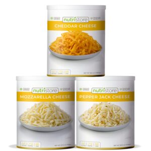 nutristore freeze-dried cheese sample variety 3-pack | cheddar, mozzarella, & pepper jack | perfect for snacking, backpacking, & home meals | bulk emergency survival food storage | 25 year shelf-life