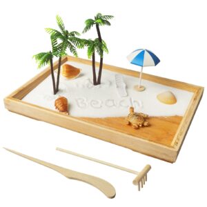 japanese zen garden for desk white beach 12" x 8" desktop mini zen garden with white sand artificial bonsai tree rocks rakes & accessories meditation zen gifts sand tray play kit for kids adult