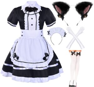 japanese anime sissy maid dress cosplay sweet classic fancy apron socks gloves faux fur cat furry headwear set(l)