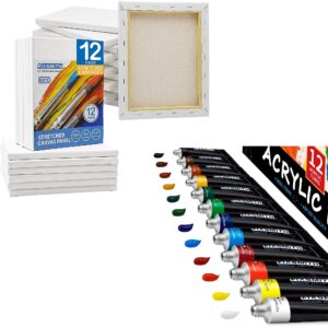 fixsmith 8 x 10 inch white stretched canvases 12 pack & artist quality acrylic paint set, 12 colors/tubes (12 ml/0.41 oz.)