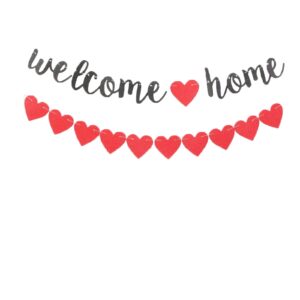 welcome home banner,home party sign with a bunch of red hearts decorations,kids and adults birthday family theme party supplies(shiny black red kit).