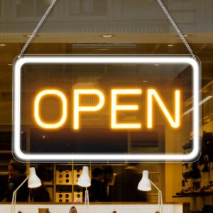 led open sign 16x9 inch, 12v super bright open signs for business, open neon sign for window party wall shop salon club hotel, (yellow& white), with on/off switch & adapter, horizontal