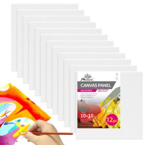 phoenix painting canvas panels 10x10 inch, 12 value pack - 8 oz triple primed 100% cotton acid free square canvas boards for painting, white blank flat canvas boards for acrylic, oil paints