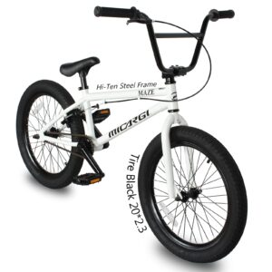 micargi maze freestyle bmx bike, entry and intermediate rider, 20-inch wheels, hi-ten steel frame, u brake 3-piece crank micro drive 25x 9t bmx gearing (maze - white)