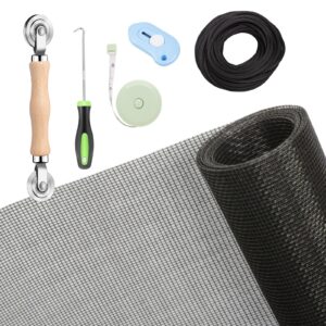 windows screen and screen door repair kit, 48"x118" charcoal fiberglass mesh with rolling tool/hook/ruler/cutter/spline - window screen & sliding screen door replacement for windows, tooltriz