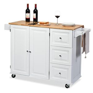 glacer kitchen island cart on wheels, rolling kitchen island with drop leaf top, kitchen trolley cart with drawers, towel rack & bottle rack, 53.5 x 30 x 36 inches (white)