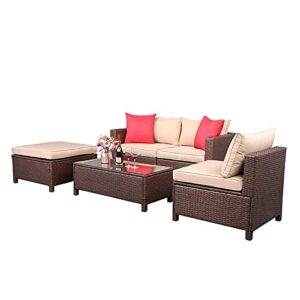 l-dream 5-piece set rattan sofa for outdoor patio furniture set, brown pe rattan wicker sofa set, with beige seat cushions and rectangular coffee table, garden furniture (color : brown)