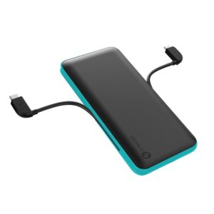 ampere really good power bank - 10000mah portable travel phone charger with built-in lightning cable [mfi certified] & built-in usb-c cable for iphone, ipad & airpods (black/teal)