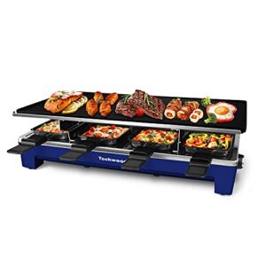 raclette grill, techwood electric table indoor grill korean bbq grill, removable 2-in-1 non-stick grill plate, 1500w fast heating with 8 cheese melt pans, ideal for parties and family fun (blue)