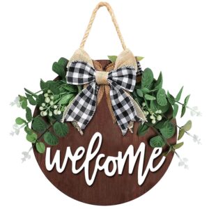 welcome sign for front door, decor for farmhouse porch, rustic welcome wreaths with stapled greenery, round wooden hanging housewarming gift for home outdoor indoor…