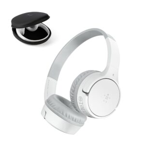 belkin soundform mini - wireless bluetooth headphones for kids with 30h battery life, 85db safe volume limit, built-in microphone - kids on-ear earphones for iphone, ipad, & more - white w/ case