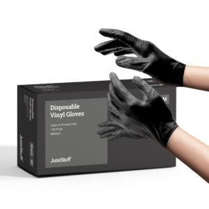 jussstuff black disposable vinyl gloves small, 100 pack - powder free latex free rubber gloves - medical, cooking, and kitchen gloves