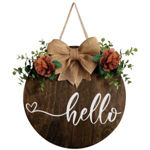 wood round hello welcome wreath sign hanging decoration front door, farmhouse porch sign and artificial green plant, rural outdoor decor new house relocation gift