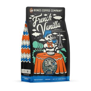 bones coffee company french vanilla flavored coffee beans, medium roast ground coffee low acid, creamy vanilla flavor (12 oz)