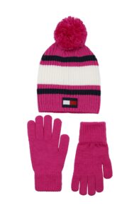 tommy hilfiger girls ribbed beanie & glove accessories set cold weather hat, pink ribbed set