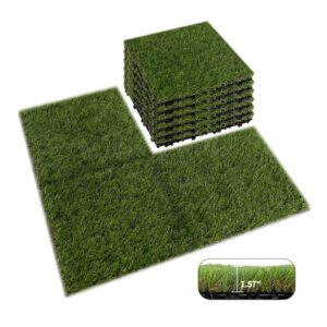 tonahutu artificial grass turf tile, 9 piece 1'x1' interlocking fake grass mat deck tile synthetic grass turf green lawn carpet for outdoor garden balcony patio decor (1.57in height)