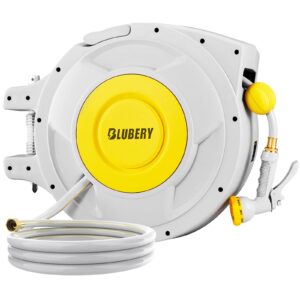 blubery 5/8" x 100+6.7ft retractable garden hose reel with slow return system, heavy-duty wall-mounted 39.3lb, 10" handle, 180° swivel bracket, any length lock