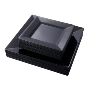 n9r 60 pack black square plastic plates (9.5'' dinner, 6.5'' dessert/salad) - classic, disposable, bpa free, reusable & recyclable - great for parties & weddings