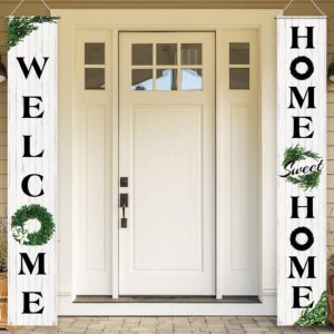 allenjoy boxwood welcome decorations sign home sweet home porch banner vertical haning wall door decor white wood farmhouse outdoor indoor 11.8x70.9 inch home event front yard party supplies 2pcs