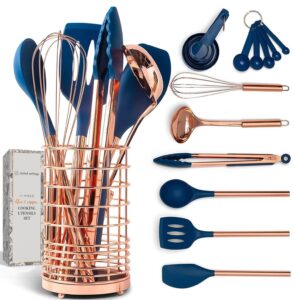 copper and blue silicone cooking utensils set - 17-piece set with copper utensil holder and measuring cups and spoons for stylish cooking and baking - blue kitchen decor, unique kitchen gifts