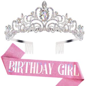 "birthday girl" sash & rhinestone tiara set silver cocide birthday sash and tiara for women birthday decoration kit rhinestone headband for girl glitter crystal hair accessories for birth party