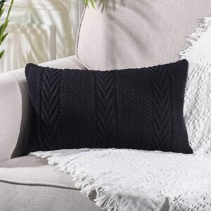 mandioo cotton knitted decorative lumbar throw pillow covers soft cozy outdoor cushion cases luxury modern pillowcases for couch sofa bed 12x20 inches black