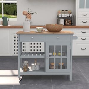 choochoo rolling kitchen island, portable kitchen cart wood top kitchen trolley with drawers and glass door cabinet, wine shelf, towel rack, gray