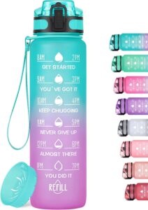 meitagie motivational water bottle with time marker and fruit strainer, leak-proof, bpa free, non-toxic with carrying strap, perfect for fitness, gym and outdoor sports