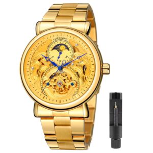 tiong mens skeleton automatic mechanical watch golden vintage moon phase steel male wristwatch