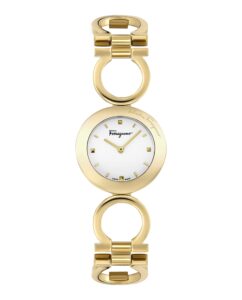 ferragamo gancino collection luxury womens watch timepiece with a gold bracelet featuring a gold case and white dial