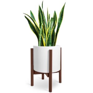 10 inch matte white ceramic flower pot with solid wood stand, straight cylinder planter with drainage hole - handmade modern minimalist design for indoor/outdoor plants, succulents, herbs, home decor