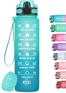 meitagie motivational water bottle with time marker and fruit strainer, leak-proof, bpa free, non-toxic with carrying strap, perfect for fitness, gym and outdoor sports