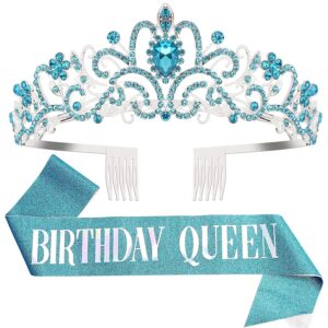 "birthday queen" sash & crystal tiara kit cocide birthday silver tiara and crowns for women sash for girls blue birthday decorations set rhinestone headband hair accessories glitter sash for party