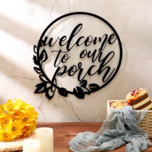 hotop welcome to our porch metal sign black 11.8 inch wall hanging decor for kitchen farmhouse home office wall outdoor decoration supplies