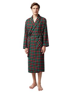 sioro mens robes flannel 100% cotton plaid bath robe soft flannel bathrobe sleepwear for bath shower lounging, christmas red and green plaid, large