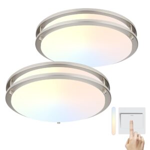 dakason 2pack led flush mount ceiling light fixture 13” 20w, on/off switch to select 3000k/4000k/5000k, dimmable ceiling lamp for kitchen, hallway, stairwell, brushed nickel