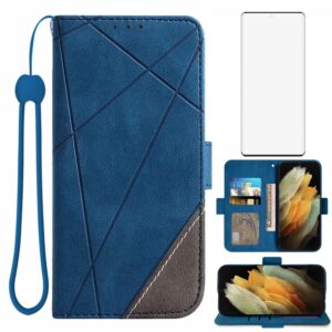 compatible with samsung galaxy s21 ultra 5g wallet case and tempered glass screen protector wrist strap leather flip card holder stand cell phone cover for s21ultra 21s s 21 21ultra g5 women men blue