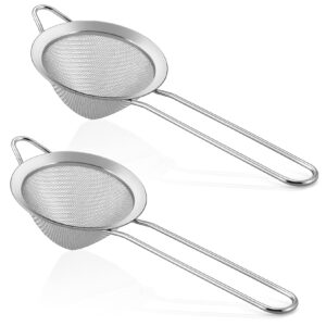 fine mesh strainer set of 2, p&p chef 3.3” stainless steel conical sieve tea strainer with long handle for kitchen, filtering tea, coffee, cocktail, juice, healthy & dishwasher safe, (silver)