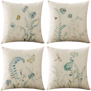 womhope decorative throw pillow covers spring flower bird butterfly pillow cases cushion cases burlap toss 18 x 18 inch,set of 4 for living room,couch and bed (small blue flower)