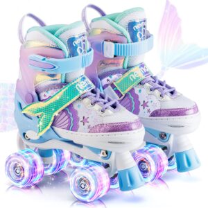 nemone mermaid 4 size adjustable light up roller skates for girls, blue purple skates for toddlers, beginner kids roller skates indoor outdoor (blue m)