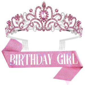 birthday tiara for women, tiara for women pink rhinestone, happy birthday girls tiara for women, birthday girl crown, birthday princess tiara, tiaras birthday queen crowns with birthday girl sash