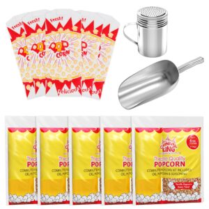 popcorn machine supplies set, 5 bags of popcorn kernels kit (large butterfly kernels, salt seasoning, and popcorn oil), 100 popcorn bags (1 oz. paper), 1 popcorn scoop, 1 popcorn season salt shaker