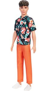 barbie fashionistas ken doll #184 with brown cropped hair wearing hawaiian shirt, orange pants & white deck shoes