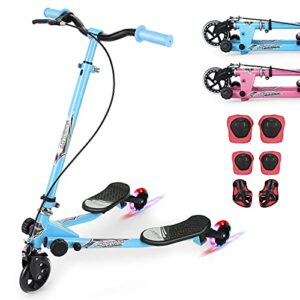 3 wheels swing scooters foldable wiggle drifting, 4-level adjustable height speeder scooter for boys (led blue)