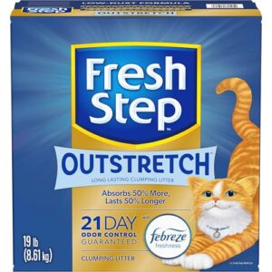 fresh step outstretch long lasting clumping litter with febreze freshness, activated charcoal litter lasts 50% longer, 19 lb. box