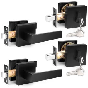 probrico flat black passage door lever with single cylinder deadbolts combo pack, modern square lock set handleset,exterior door handle and deadbolts set,exterior door lever passage 2 pack