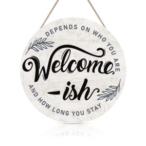 welcome-ish wood hanging sign plaque, funny welcome quote with minimalist leaves wooden front door hanger, rustic outdoor wall art for porch garden farmhouse yard decor (12''x12'')